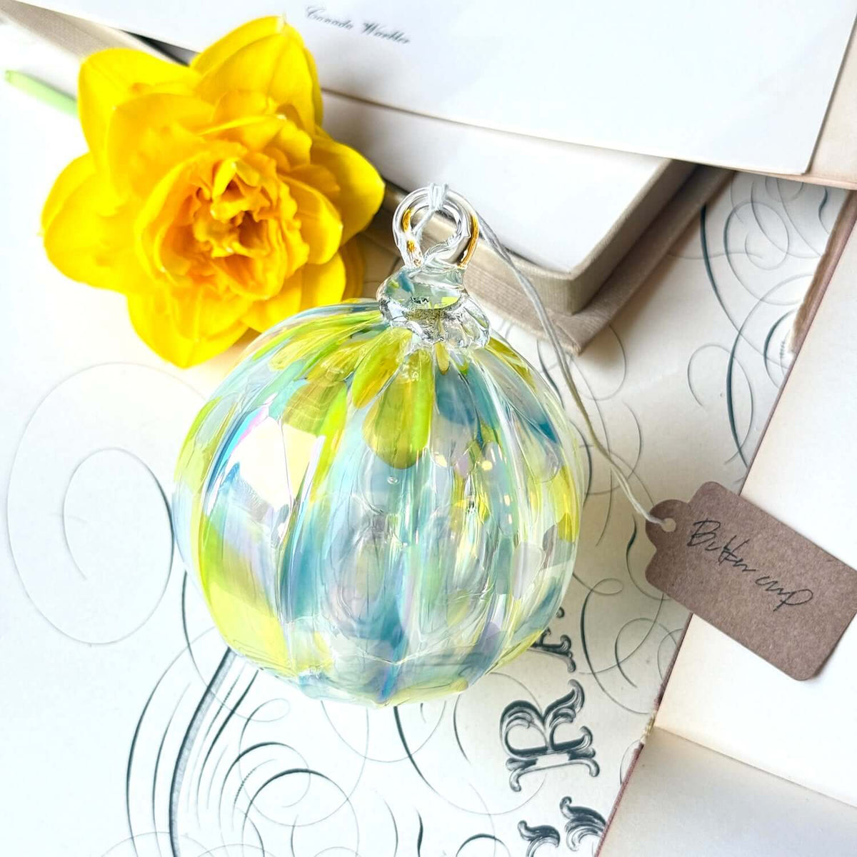 Handmade Glass Ornament. Lacey Collection: Buttercup